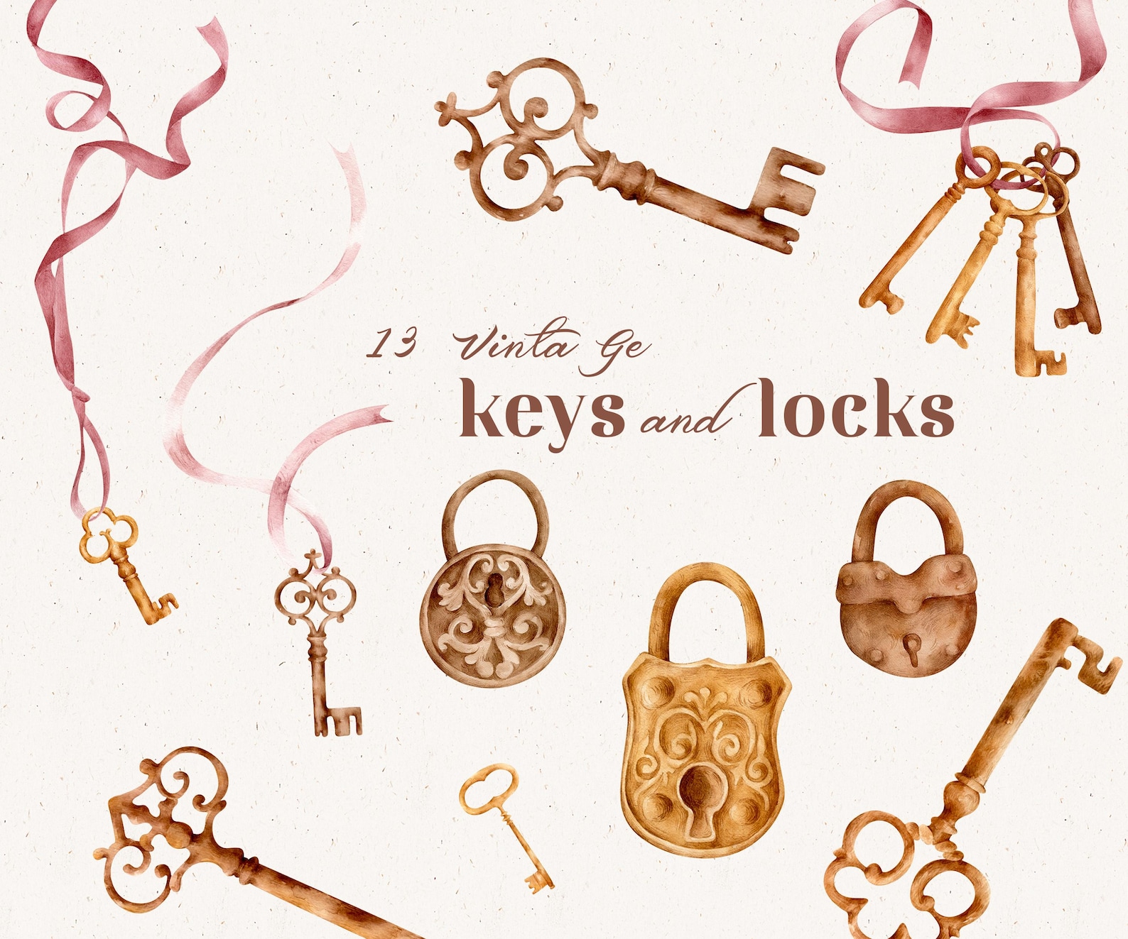 Watercolor Vintage Keys and Locks Clipart (PNG) - Etsy