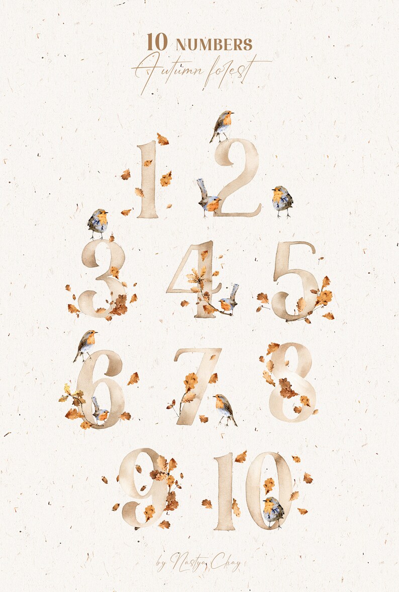 Watercolor Numbers Clipart, Autumn Leaves Clipart, Numbers With Birds ...
