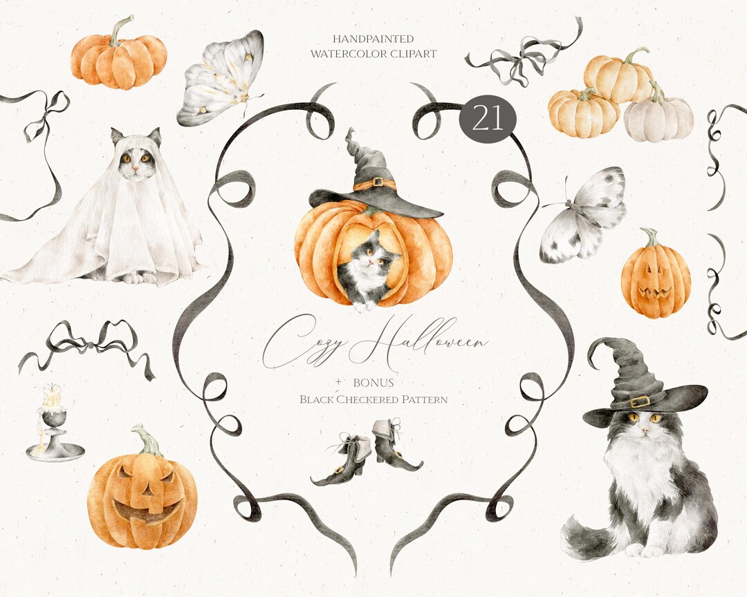 Watercolor Halloween Clipart: Spooky Cats, Pumpkins, Witch Hats ...