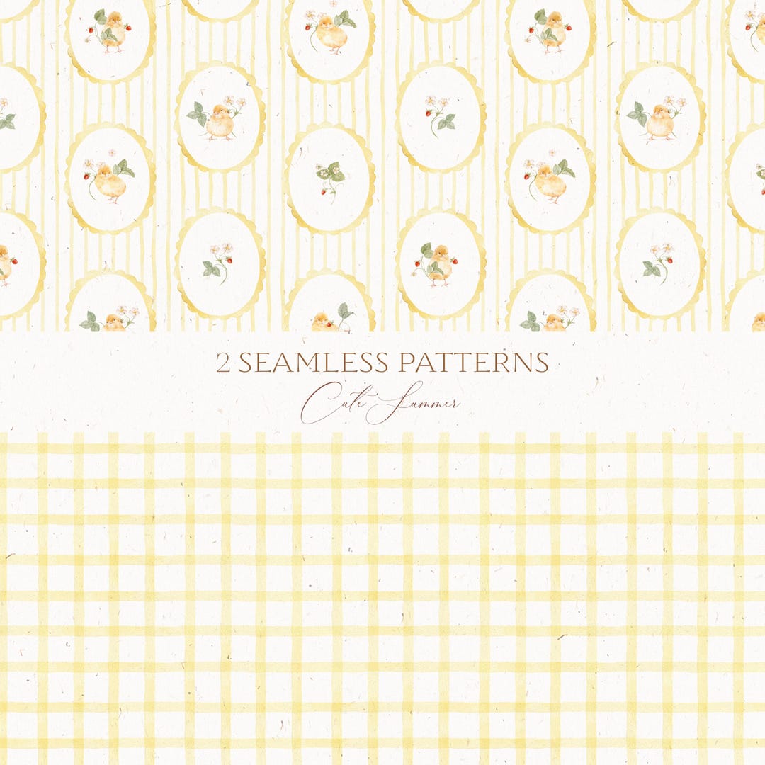 Watercolor Strawberry Chicks Seamless Pattern: Yellow Checkered ...