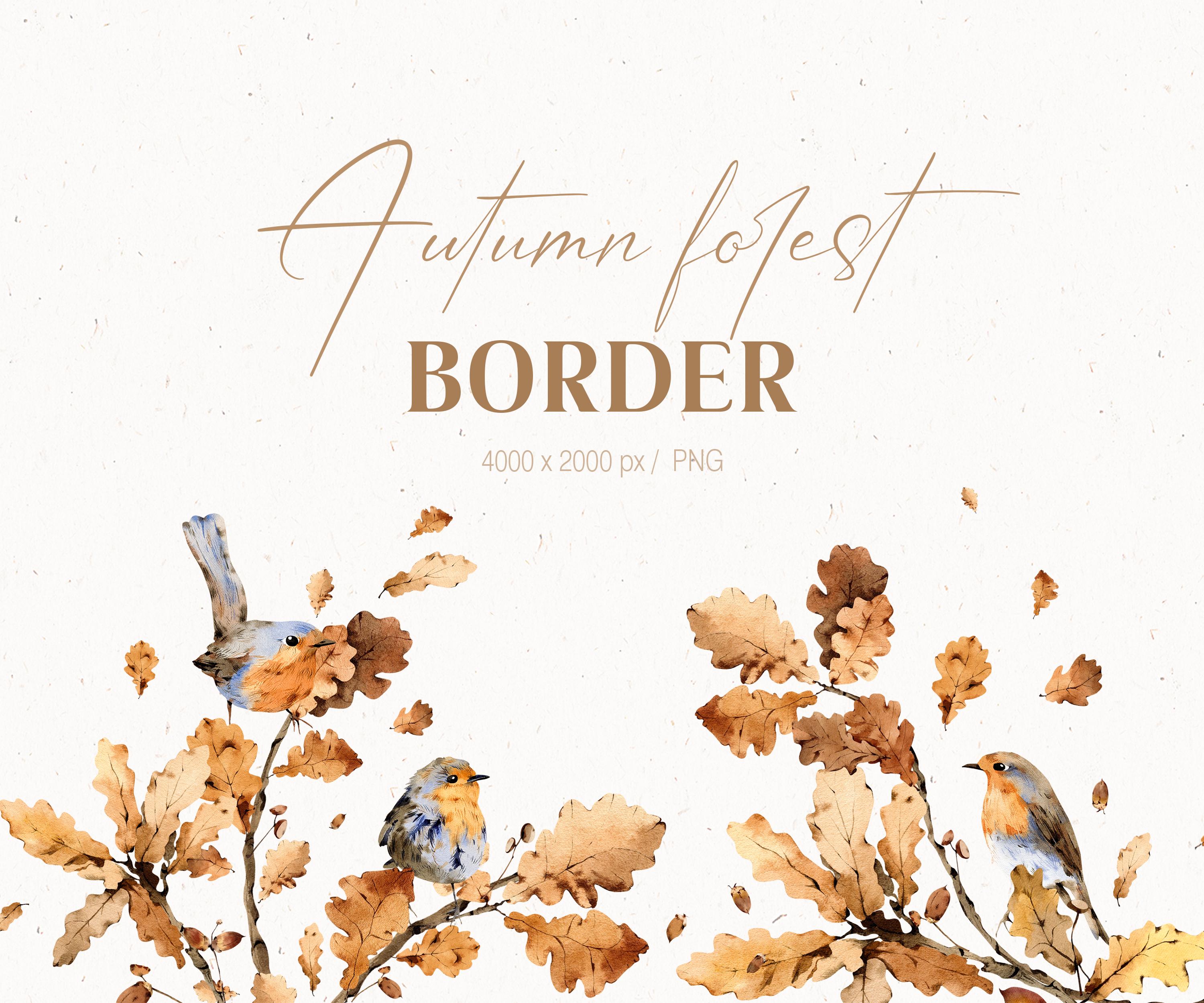 Watercolor Autumn Border, Watercolor Red Robins, Autumn Leaves Clipart ...