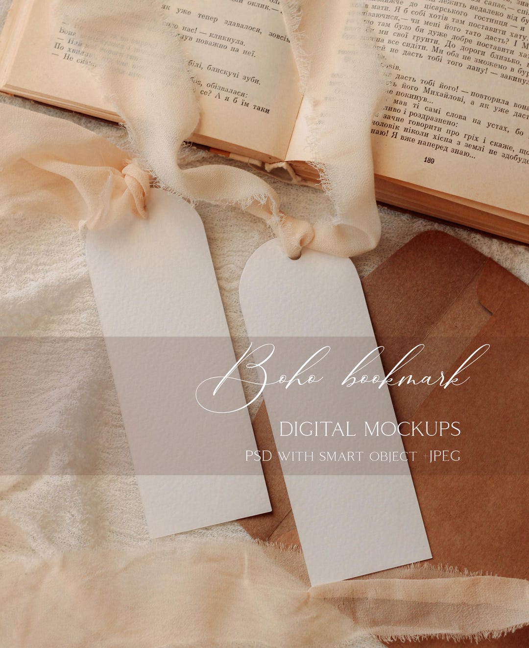 Boho Bookmark Mockup: PSD Smart Object, Neutral Design (digital ...