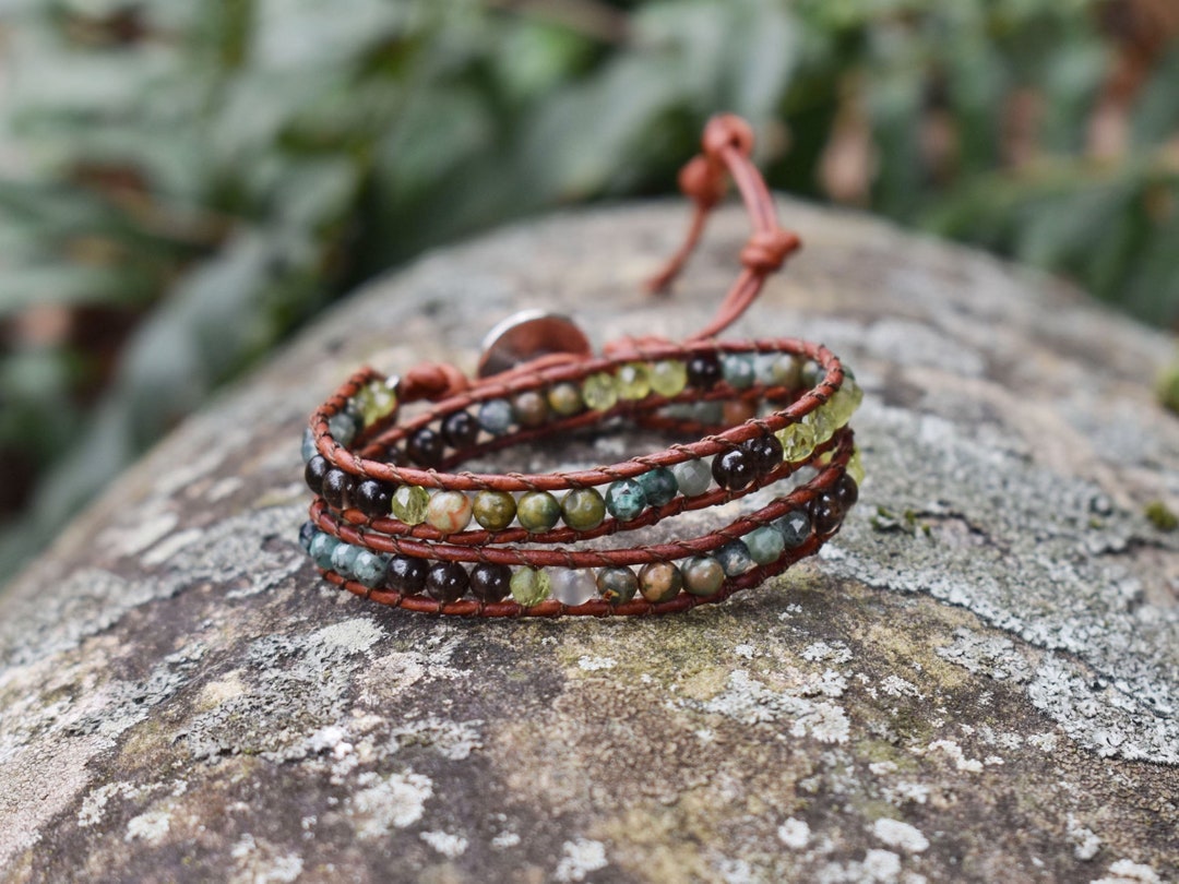 Woodland Gemstone 2 Wrap Leather Bracelet W/ Brown Leather and ...