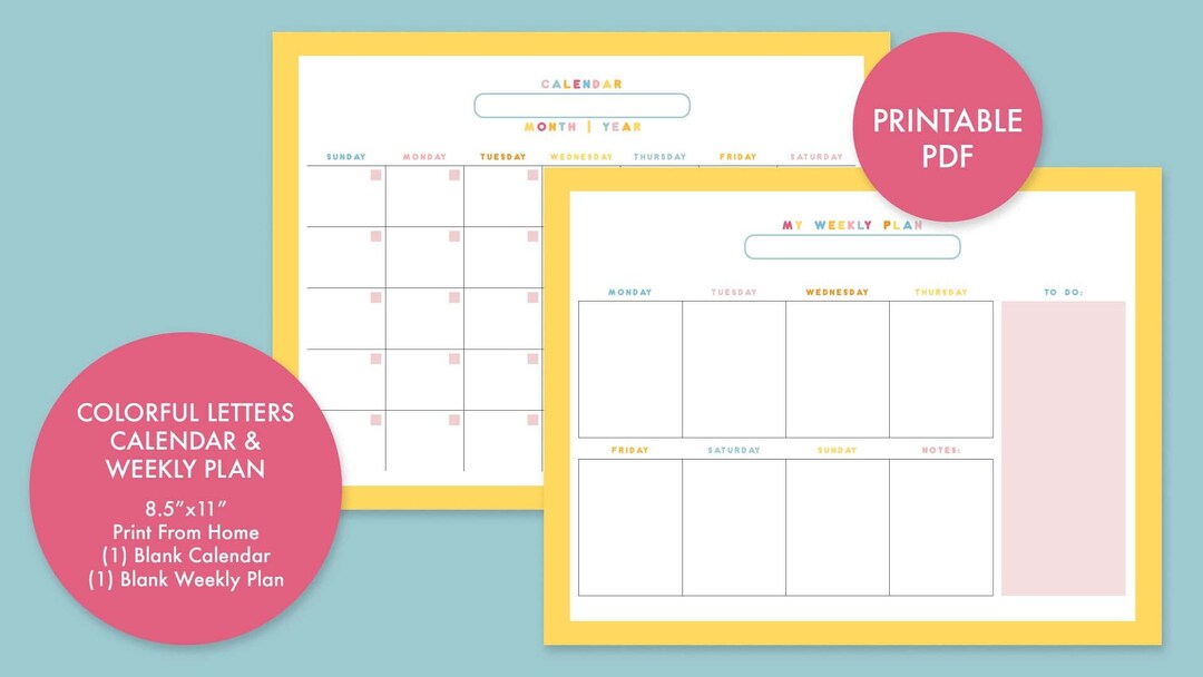 Colorful Letters Blank Monthly AND Weekly Calendar, Printable PDF ...