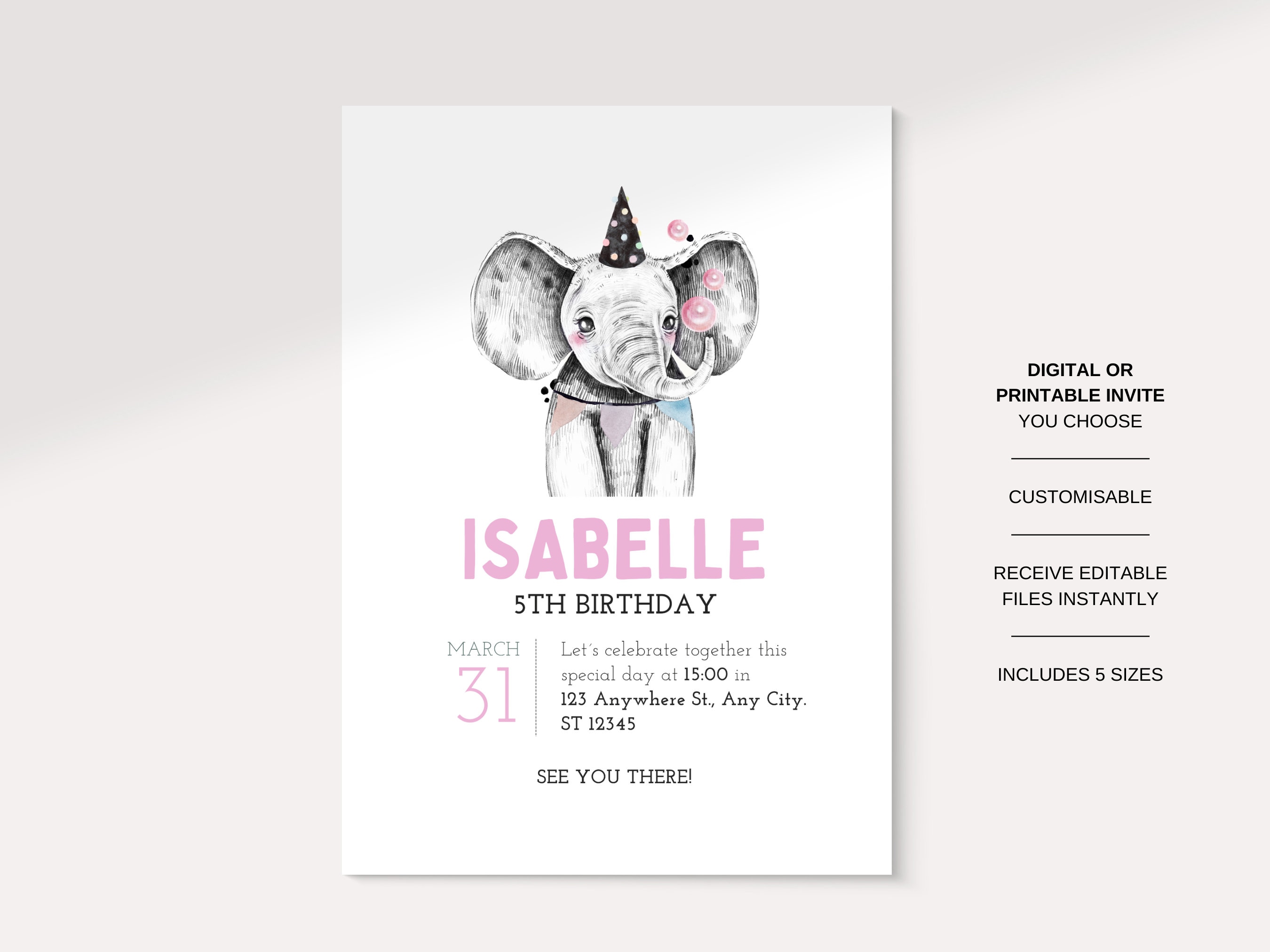 EDITABLE Elephant Invite, Safari Animal, Any Age Invite Digital ...