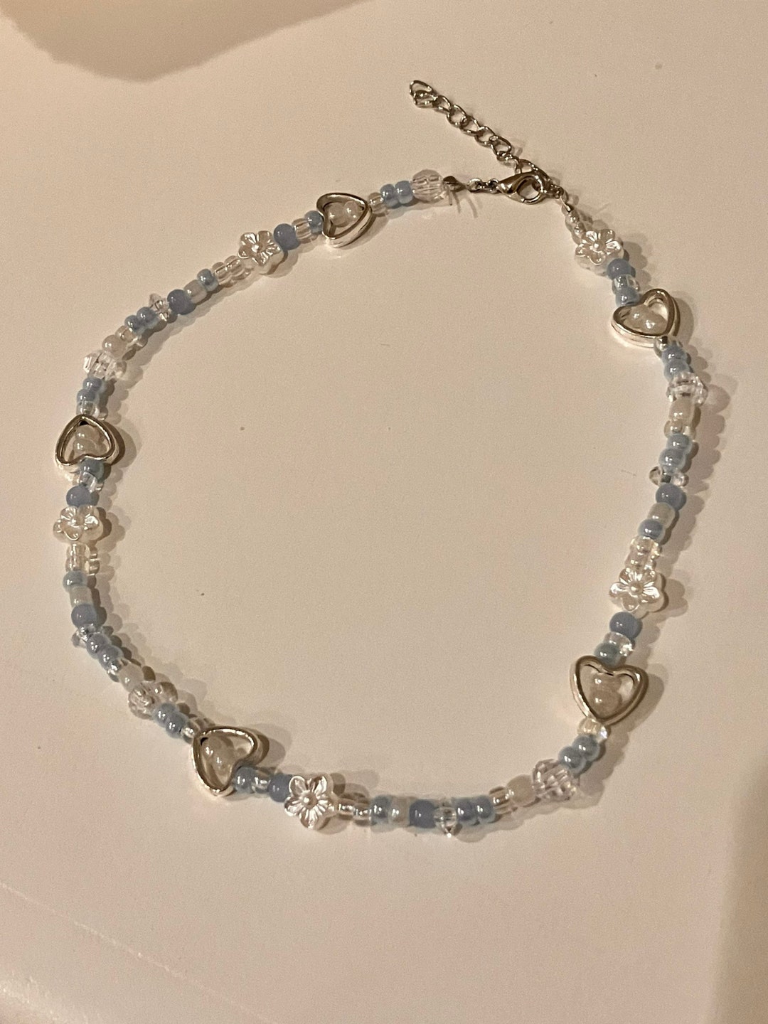 Baby Blue Heart Necklace | Beaded Necklace W/ Pearls | Baby Blue Themed ...
