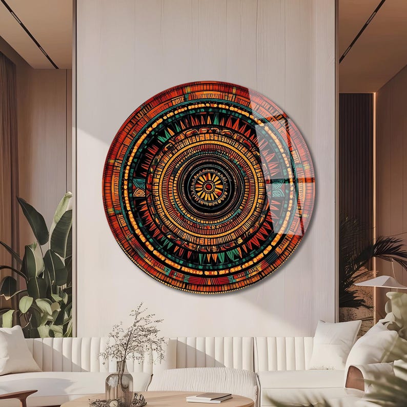 Abstract Mandala Pattern Round Glass Wall Art - Modern Wall Decor ...