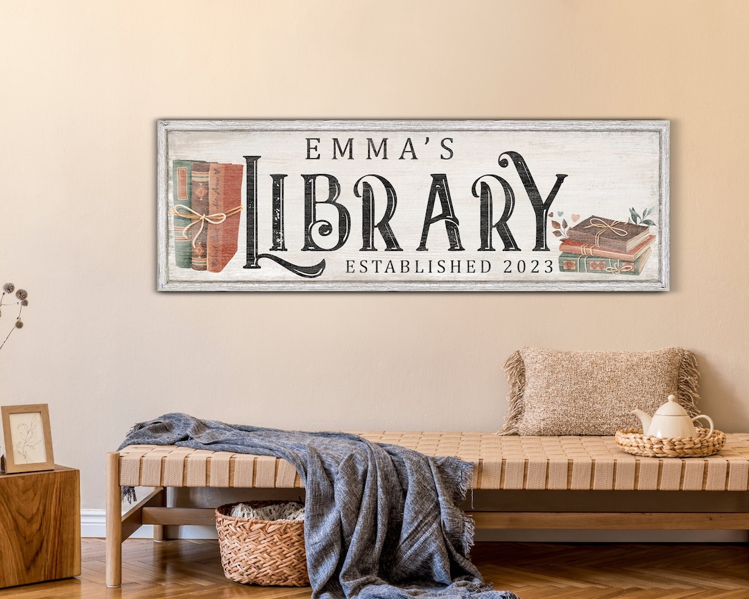 Personalized Library Sign, Custom Reading Corner Wall Decor, Vintage ...