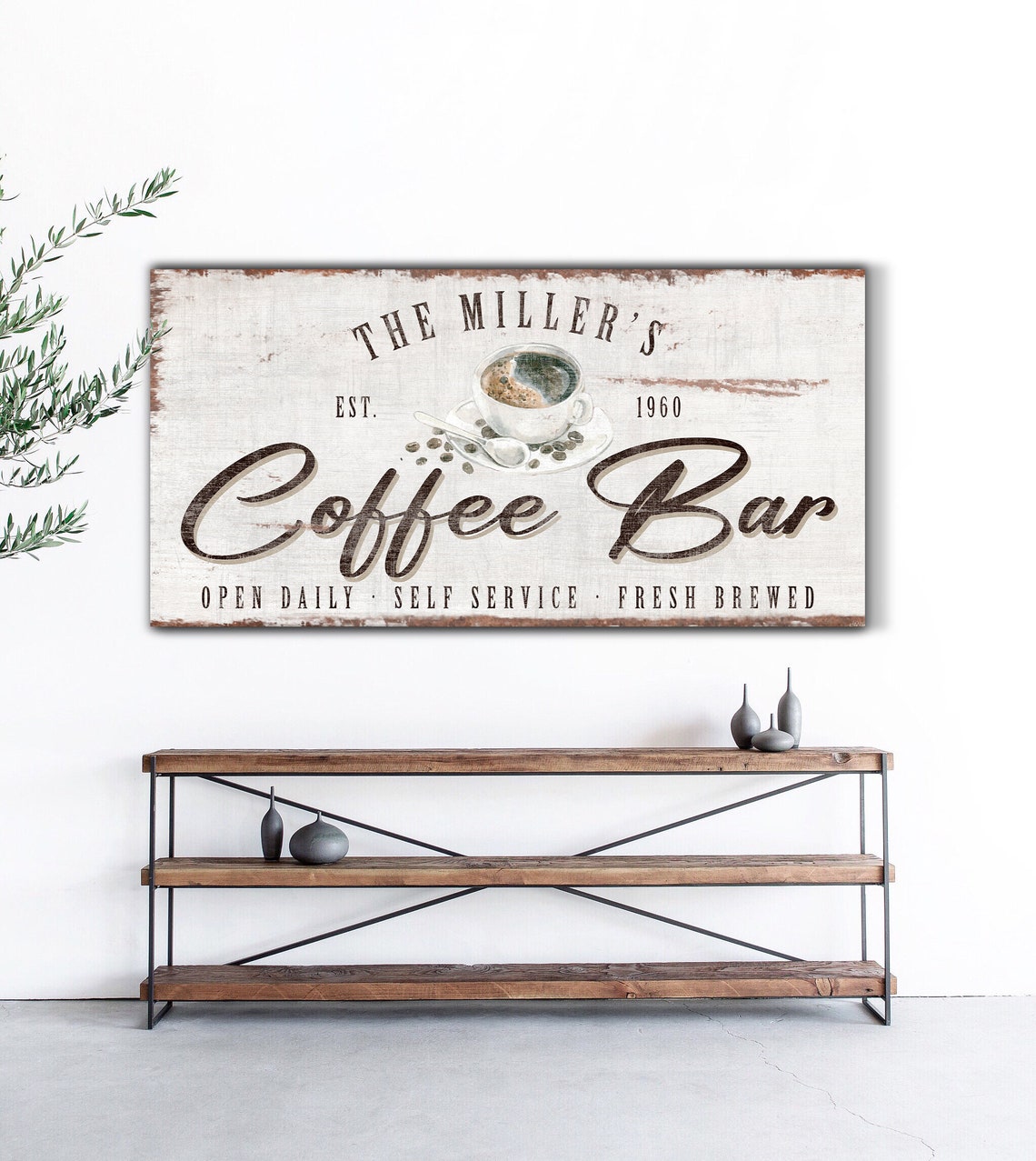 Personalized Coffee Bar Sign, Custom Kitchen Wall Art, Rustic Wall ...