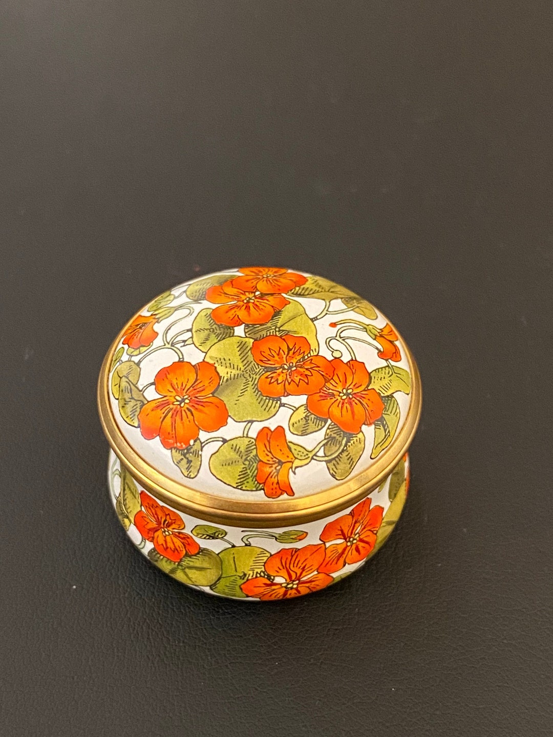 HALCYON DAYS ENAMELS Floral Pill or Trinket Box, Screw Top, Nasturtium ...