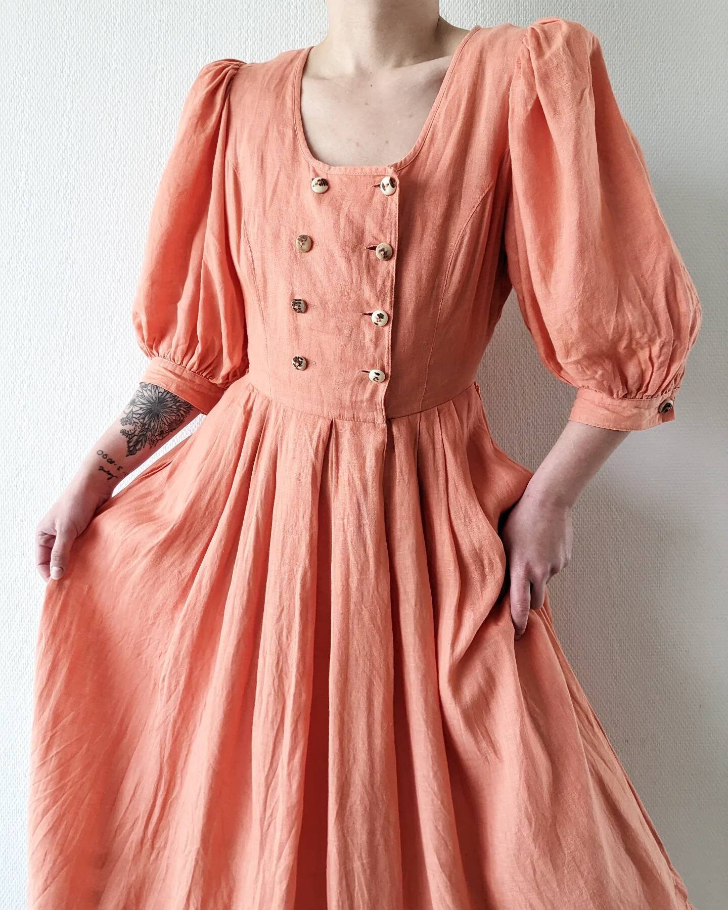 True Vintage Pure Linen Pastel Peach Half Buttoned Dirndl Folklore Maxi ...