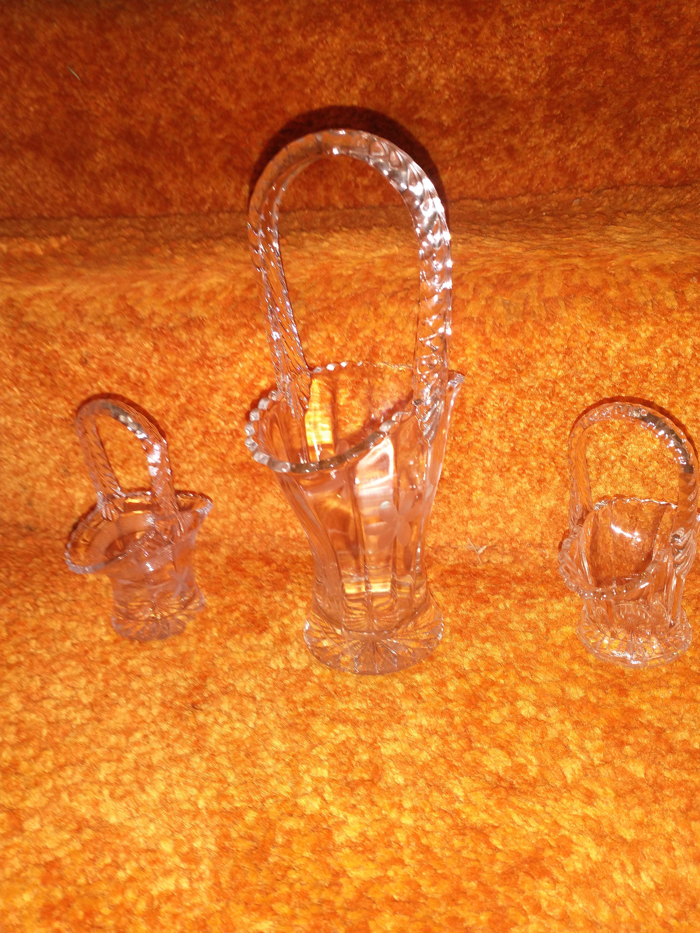 3 Antique Decorative Glass Baskets. Big One is 11" and Two Smaller Ones ...