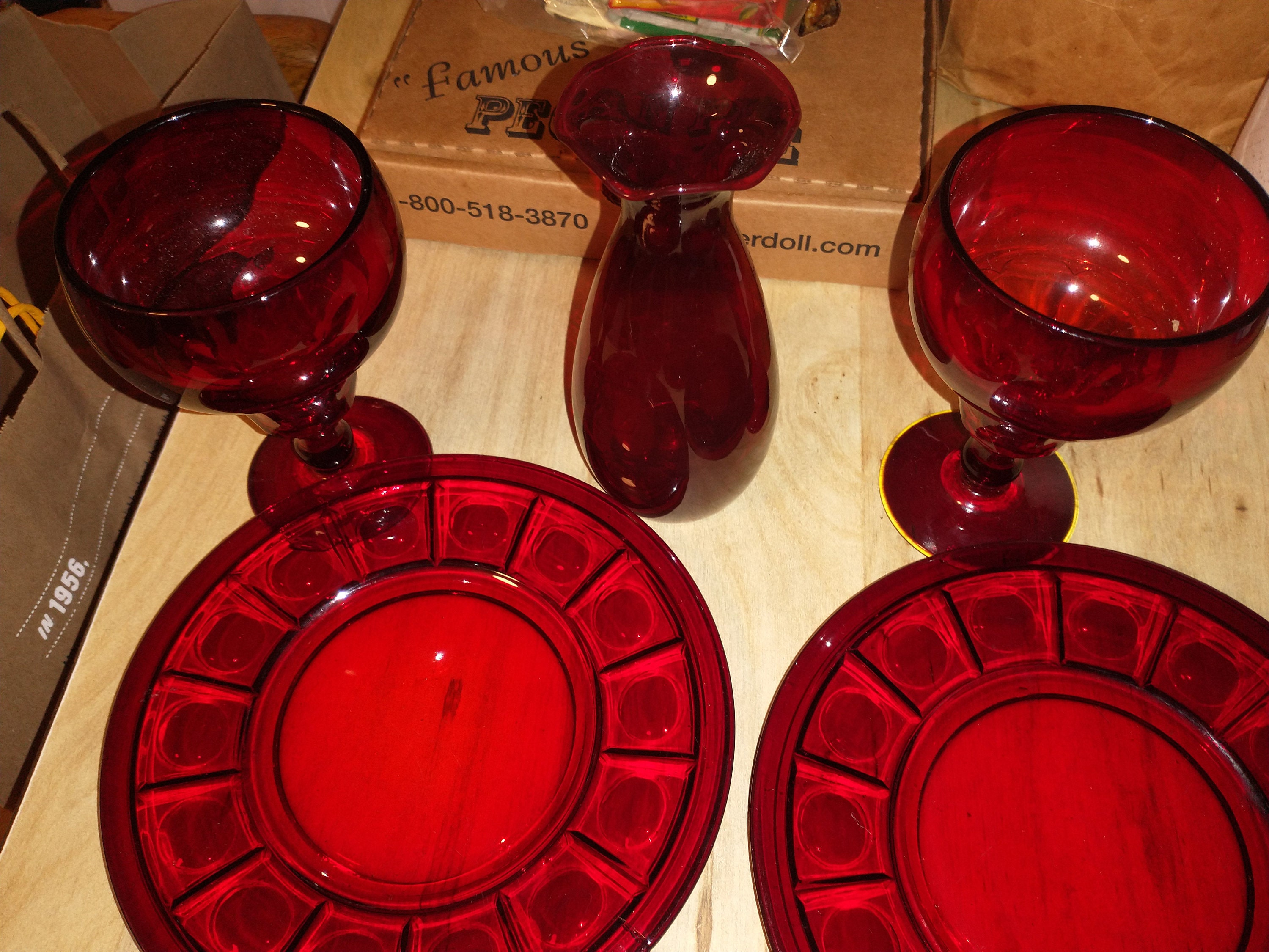 Red Decorative Depression Glass 8" Plates, Goblets, and a Vase. Free ...