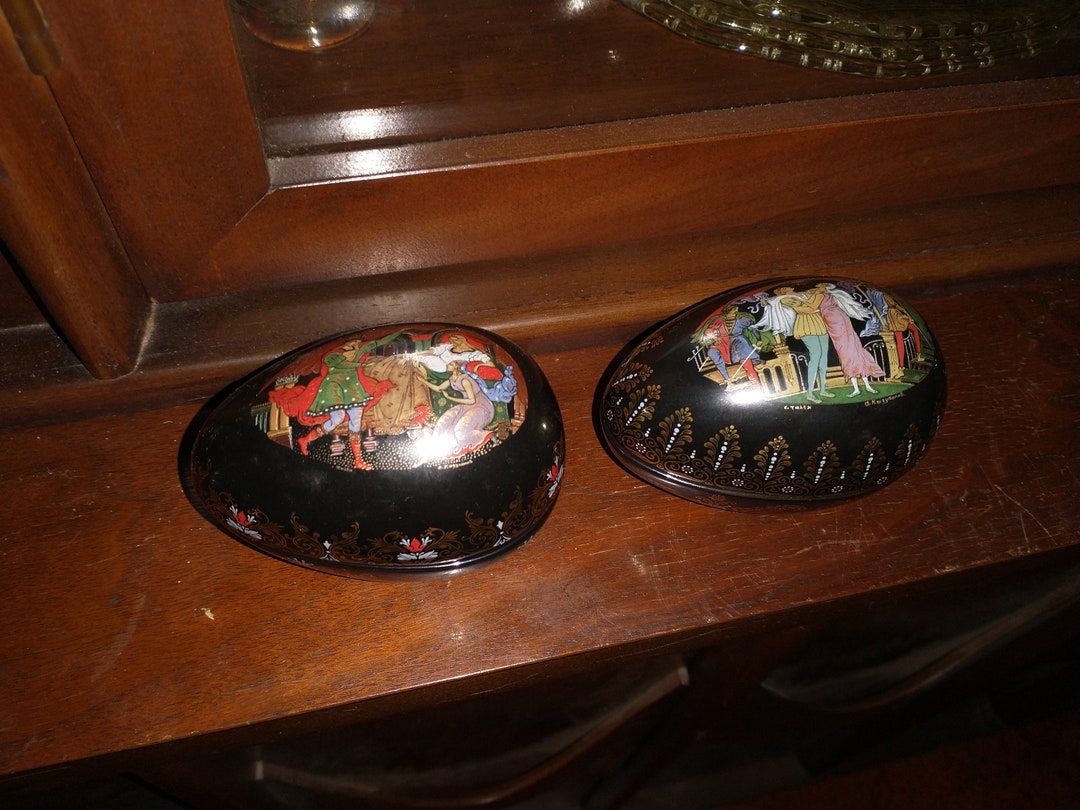 2 Antique Authentic Russian Tianex Black Porcelain Music Box Eggs ...