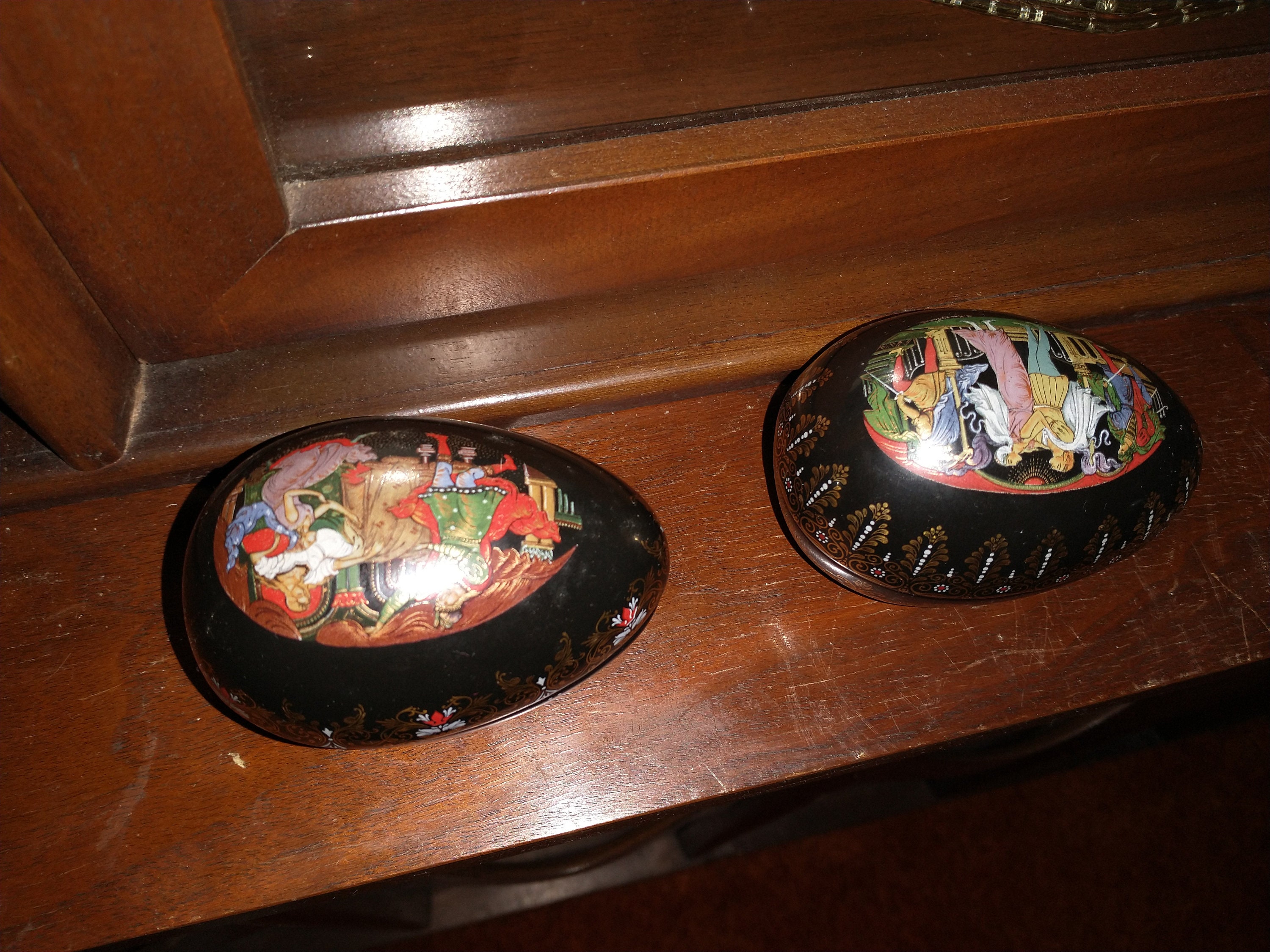 2 Antique Authentic Russian Tianex Black Porcelain Music Box Eggs ...