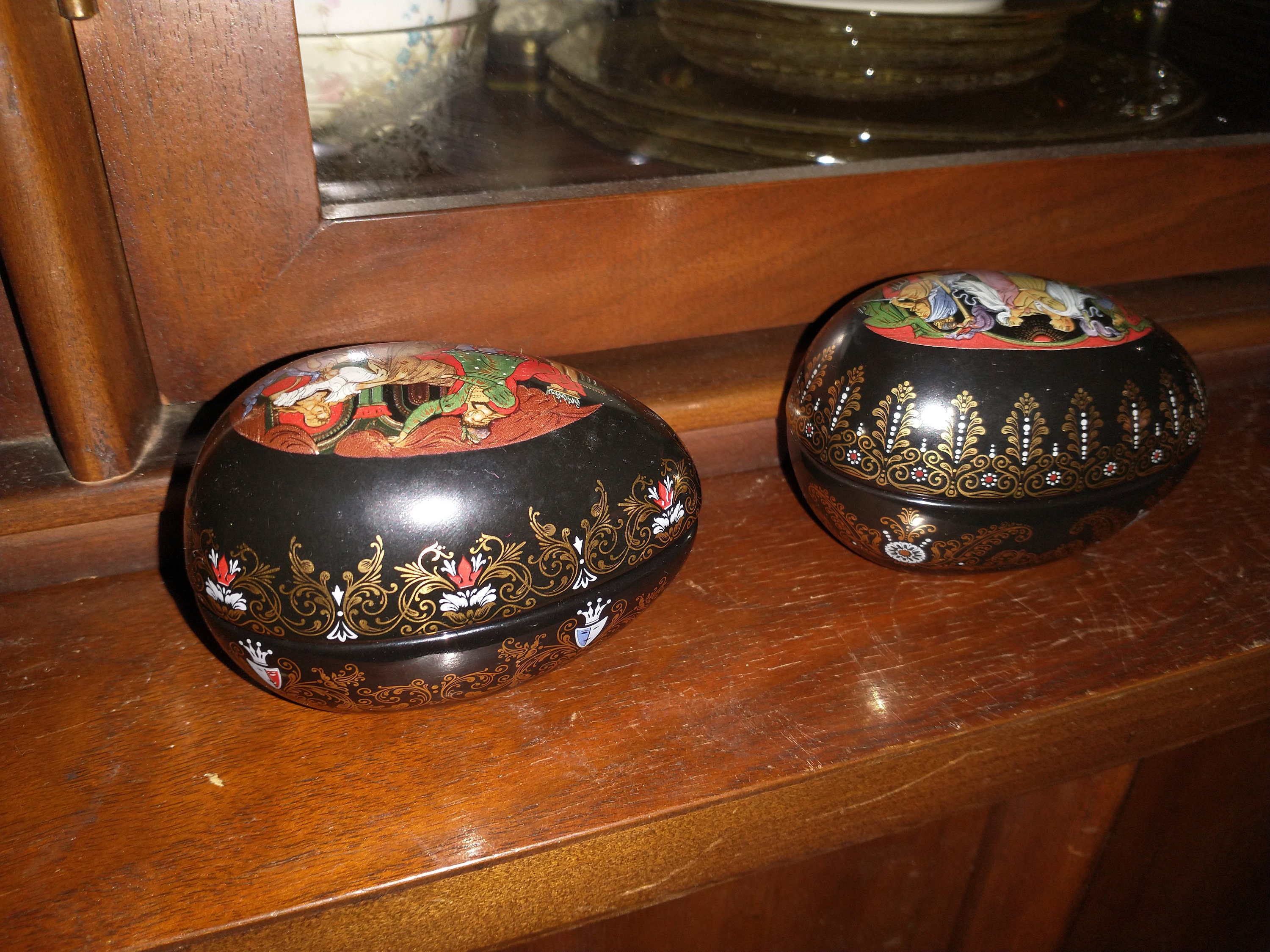 2 Antique Authentic Russian Tianex Black Porcelain Music Box Eggs ...
