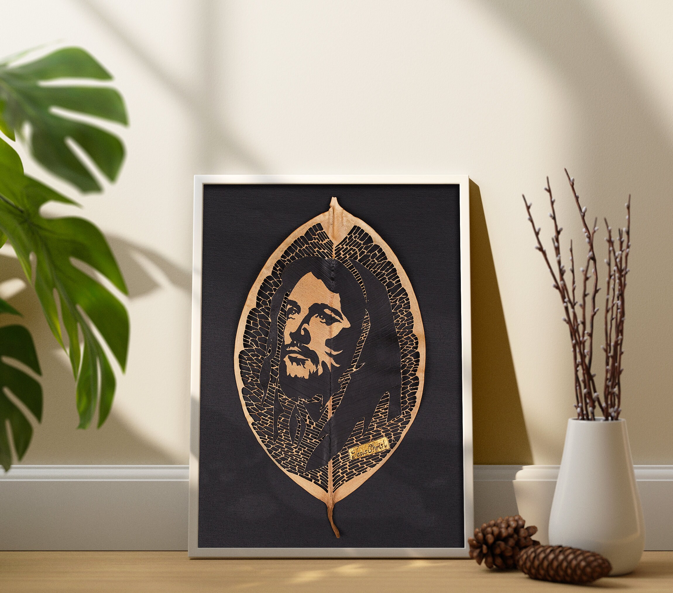 Jesus Portrait Leaf Art, Christ Leaf Carving Wall Art, Jesus Christ ...