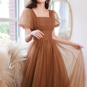 Caramel Prom Dress Long Custom Dress Short Puffy Sleeve Fairy Prom ...