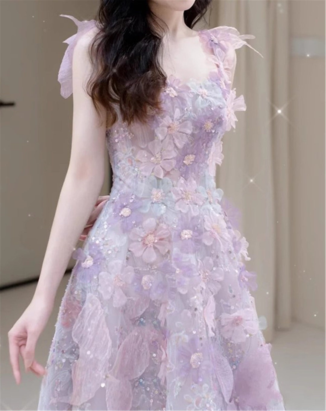 Fancy Fairy Lilac Floral Prom Dress Sleeveless Dress Graceful Birthday ...