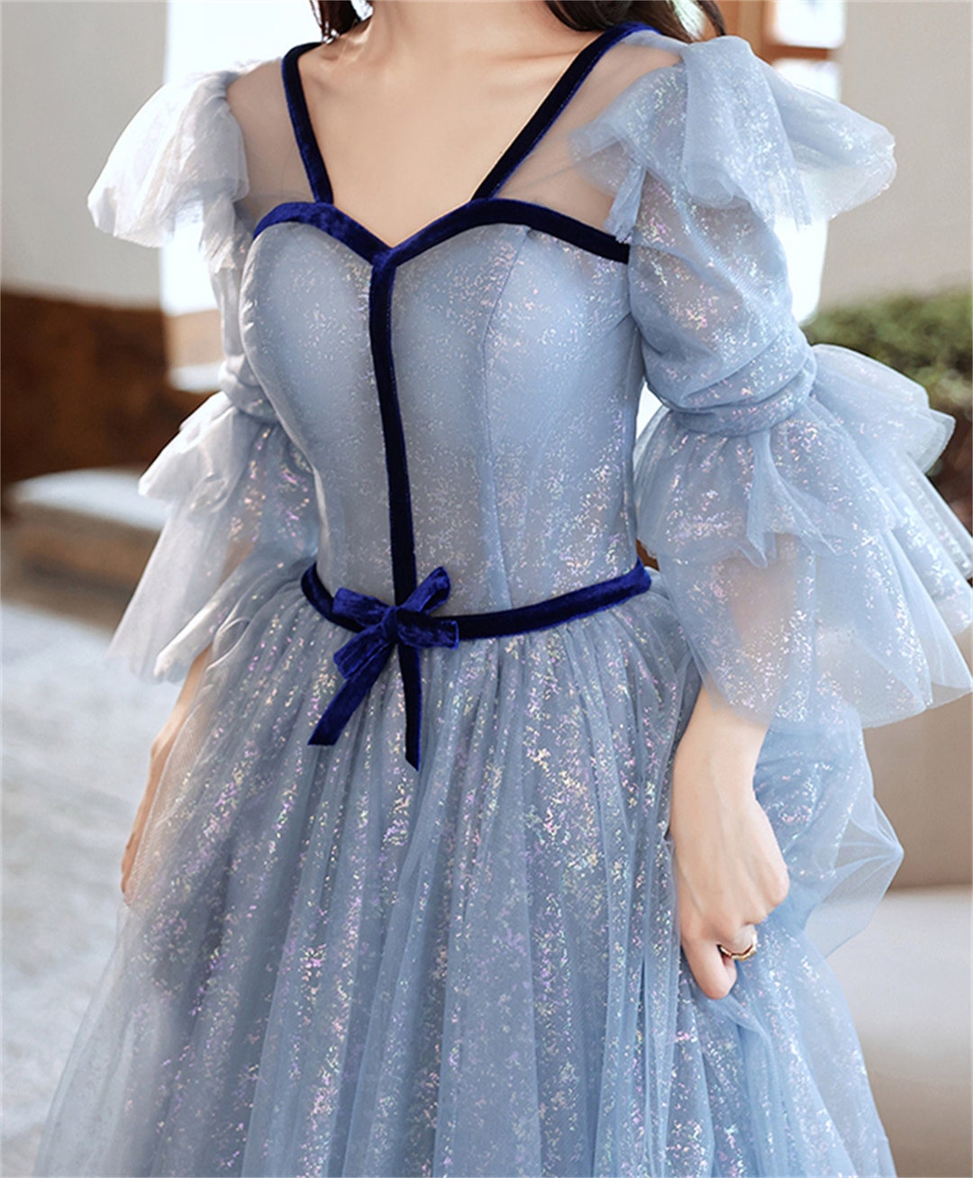 Elegant Blue Prom Dress Sparkly Star Gown Glitter Tulle Dress Princess ...