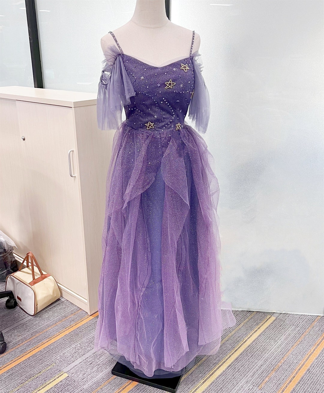 Sparkly Purple Star Prom Dress Long Short Sleeve Party Dress Spaghetti ...