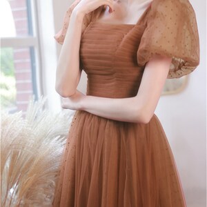 Caramel Prom Dress Long Custom Dress Short Puffy Sleeve Fairy Prom ...