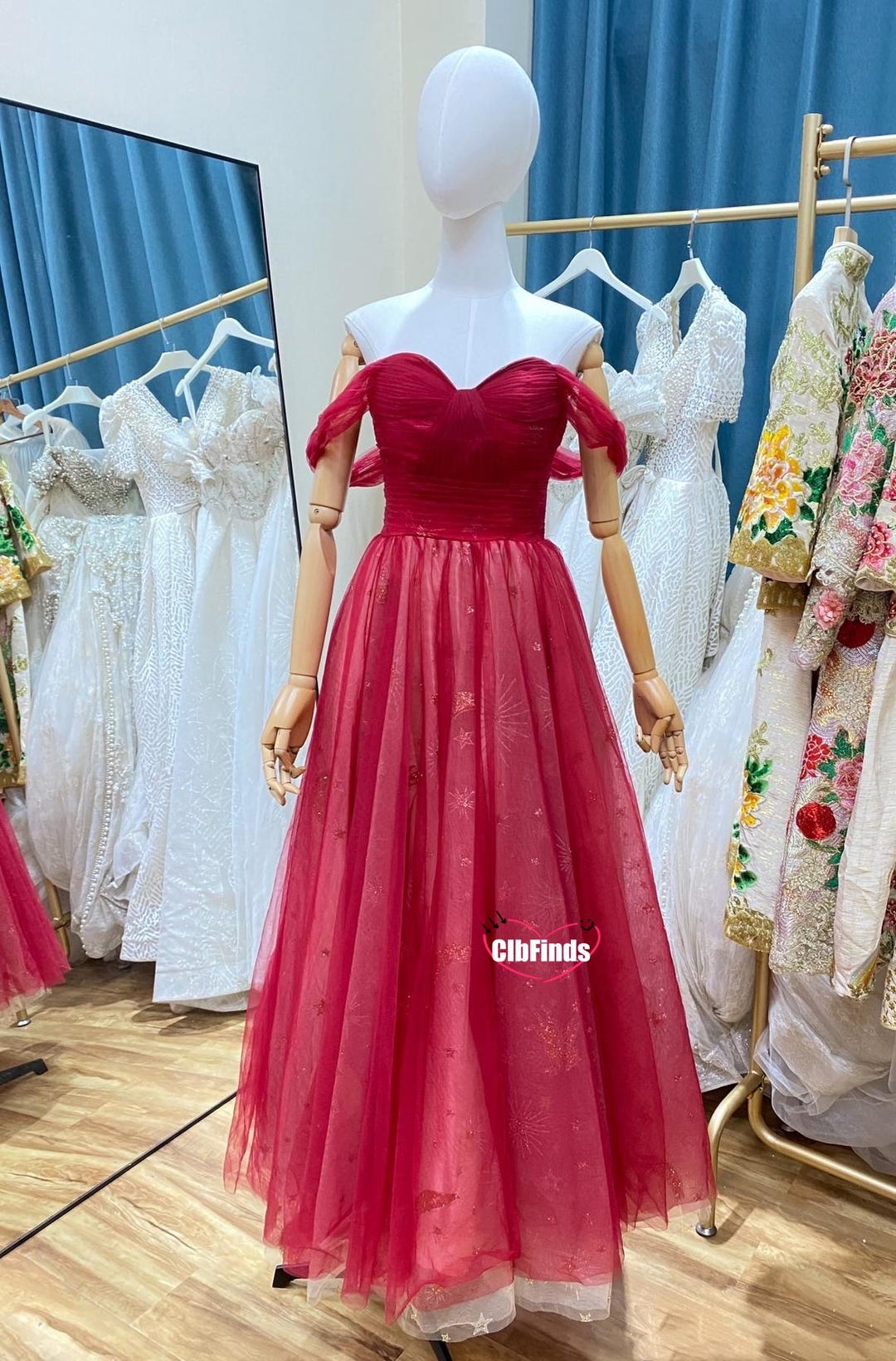 Celestial Red Prom Dress off the Shoulder Sleeves Ball Gown Custom ...