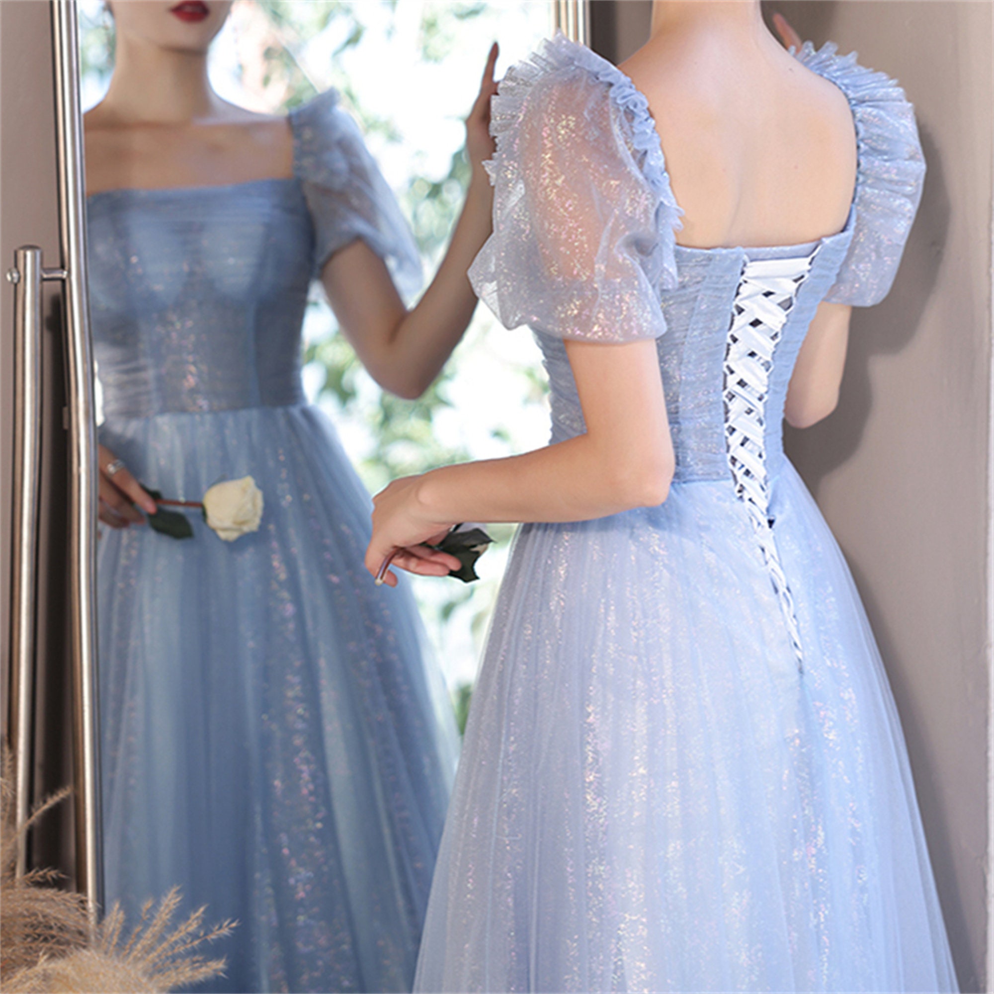 Blue Prom Dress Square Neck Short Puffy Sleeve Ball Gown - Etsy