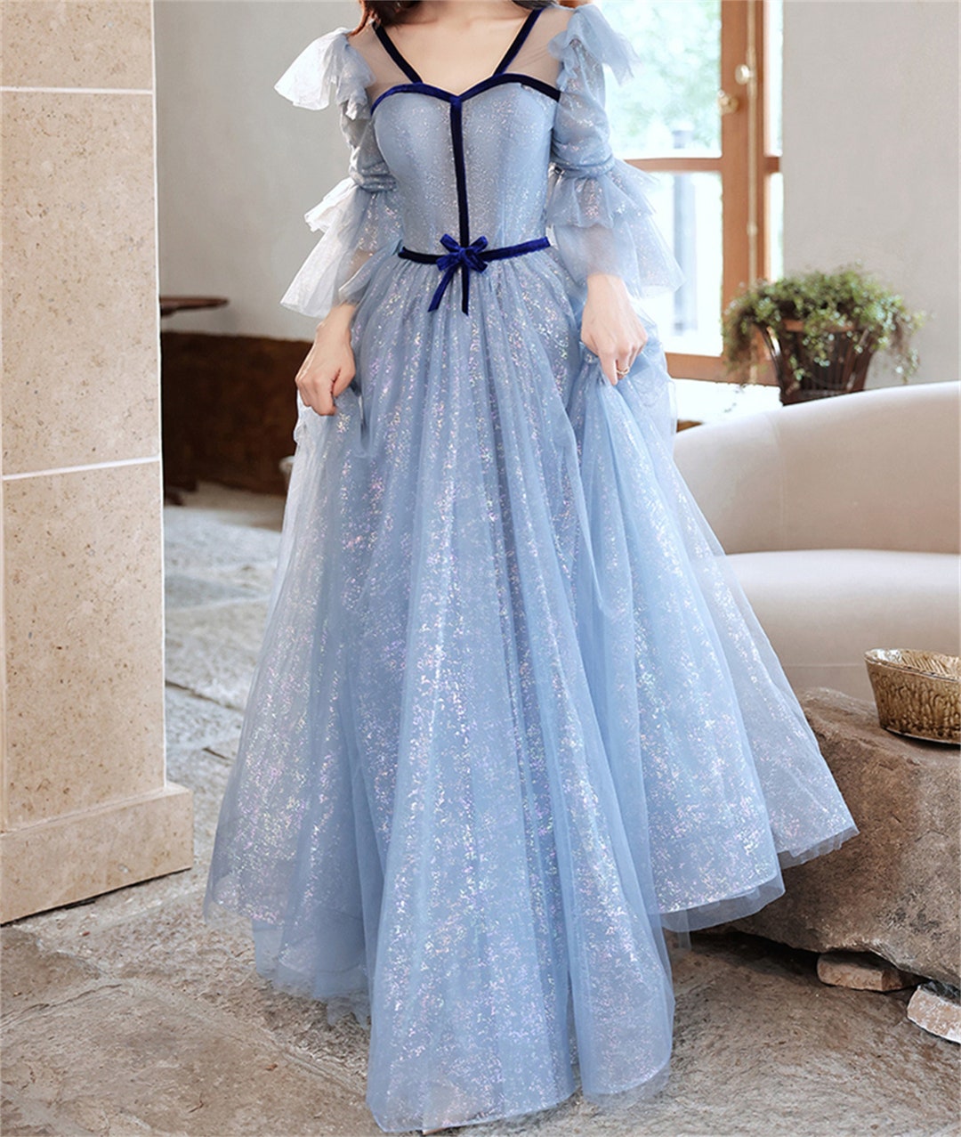 Elegant Blue Prom Dress Sparkly Star Gown Glitter Tulle Dress - Etsy ...