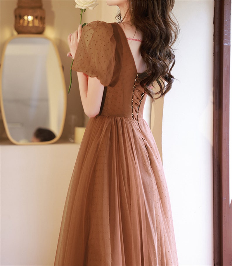 Caramel Prom Dress Long Custom Dress Short Puffy Sleeve Fairy | Etsy
