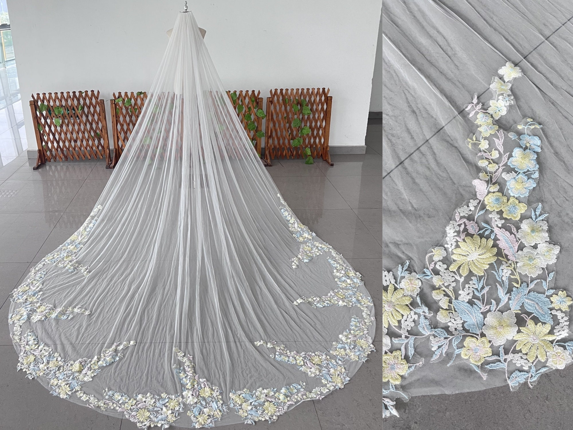 Colorful Veil Blue Yellow Bridal Veil With Flowers Unique Lace Wedding ...