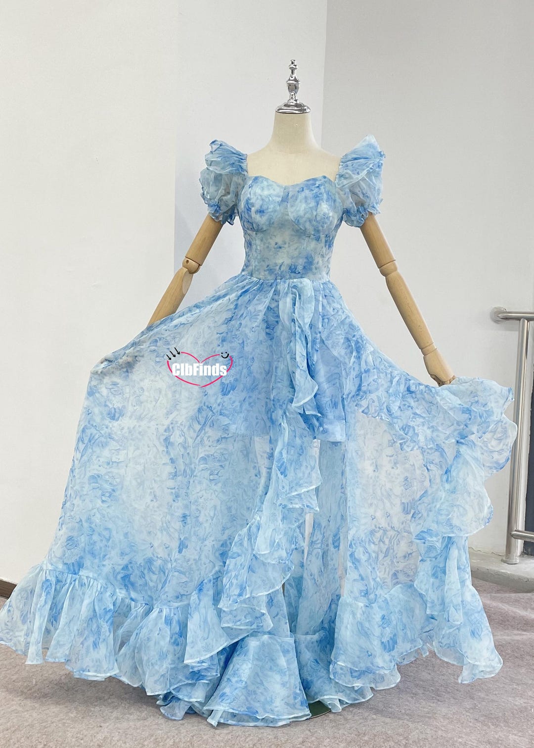 Princess Puffy Blue Floral Organza Tulle High Low Prom Gown Elegant ...