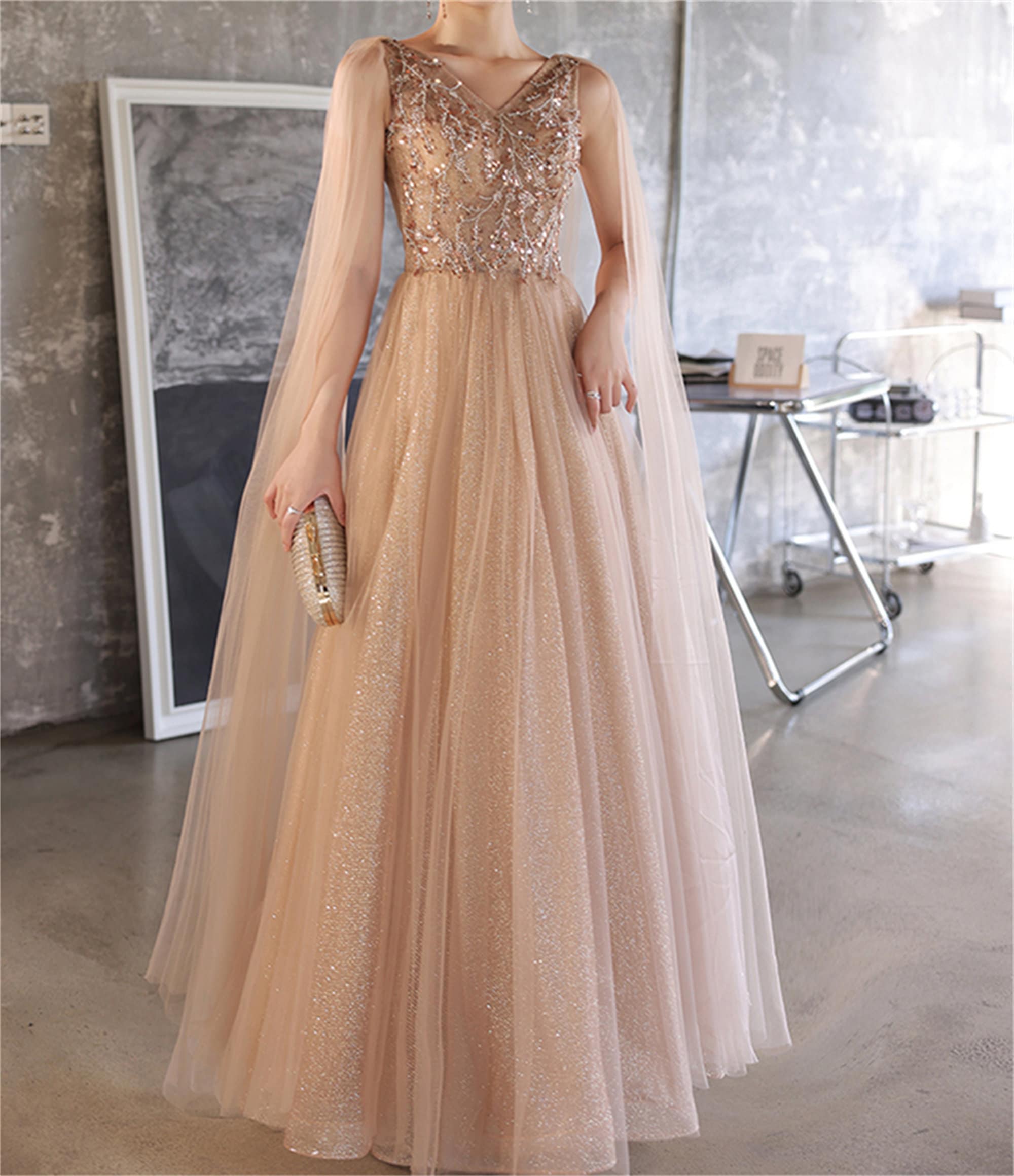 V-neck Prom Dress Cape Sleeve Dress Beaded Ball Gown Sequins | Etsy