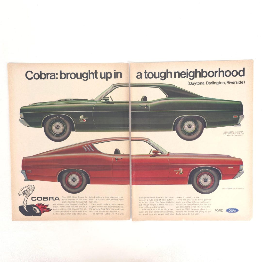 Vintage 1969 Ford Cobra Print Ad Promo Garage Wall Advertising Car Show ...