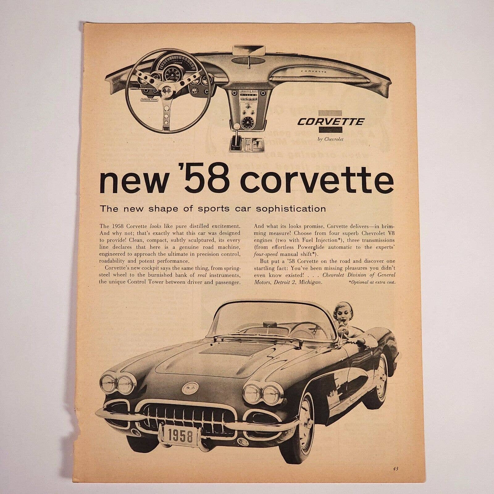 Vintage Chevrolet Corvette Convertible Print Ad 1958 Sports Cars ...