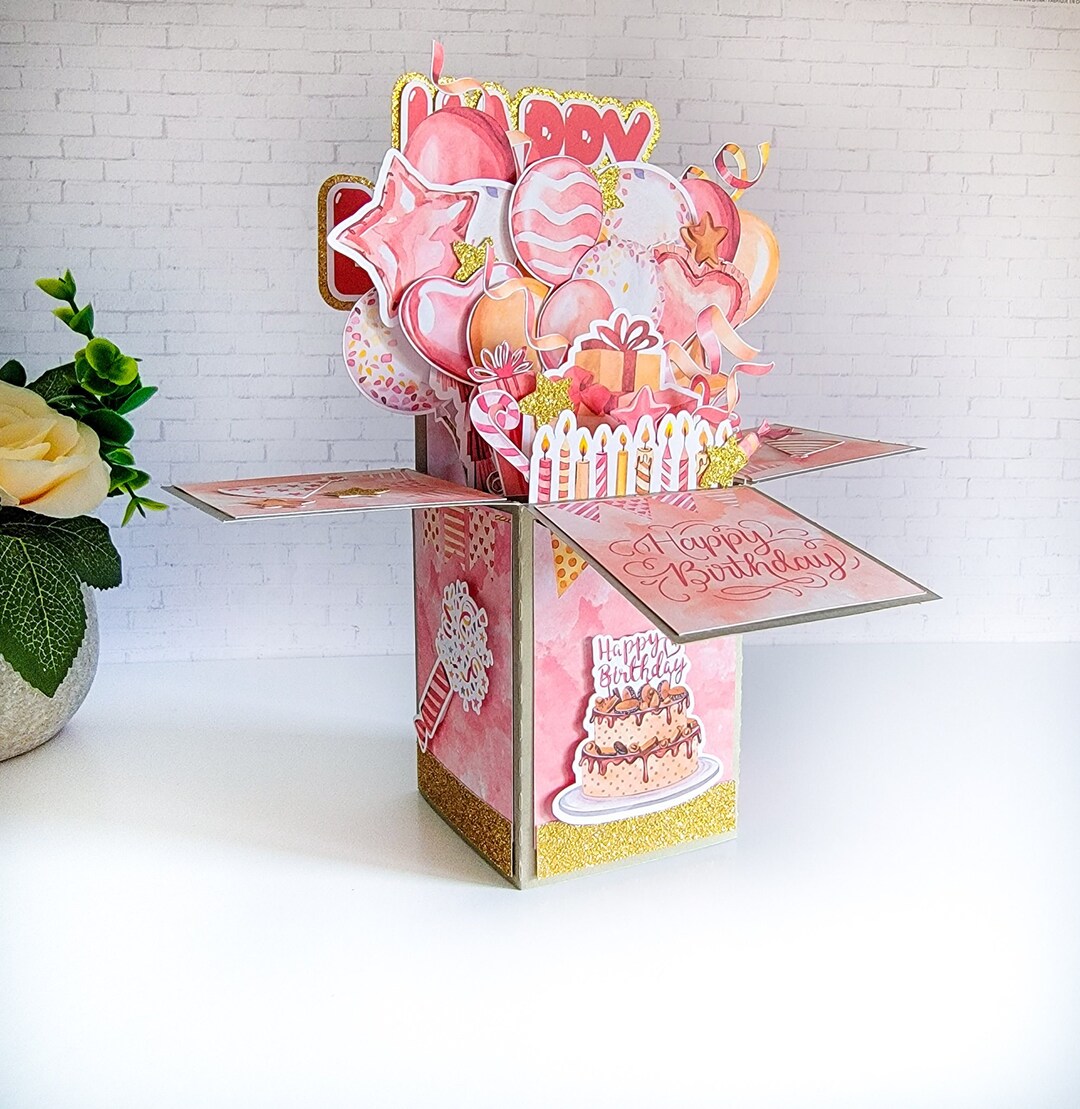 Balloon Birthday Box Card, Celebrate Rose Gold Birthday Card - Etsy