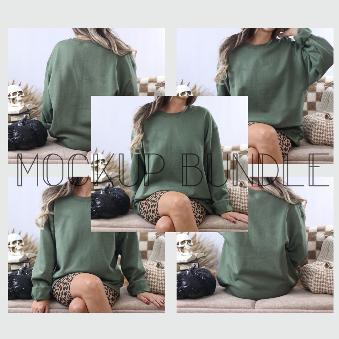 Front and Back Military Green Fall Gildan 18000 Mockup Bundle ...