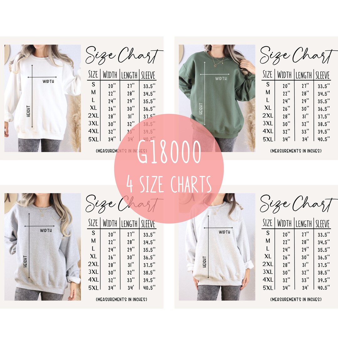 4 Gildan 18000 Size Chart Bundle, Sweatshirt Size Chart, G180 Size ...