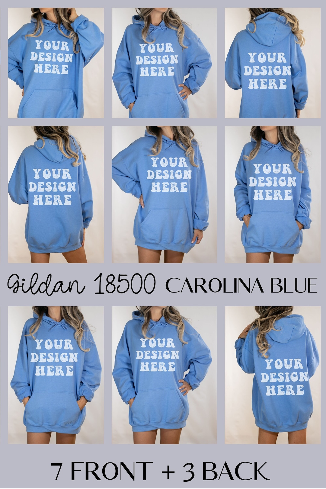 Carolina Blue Hoodie Mockup Bundle Front Back Mockup Gildan 18500 ...