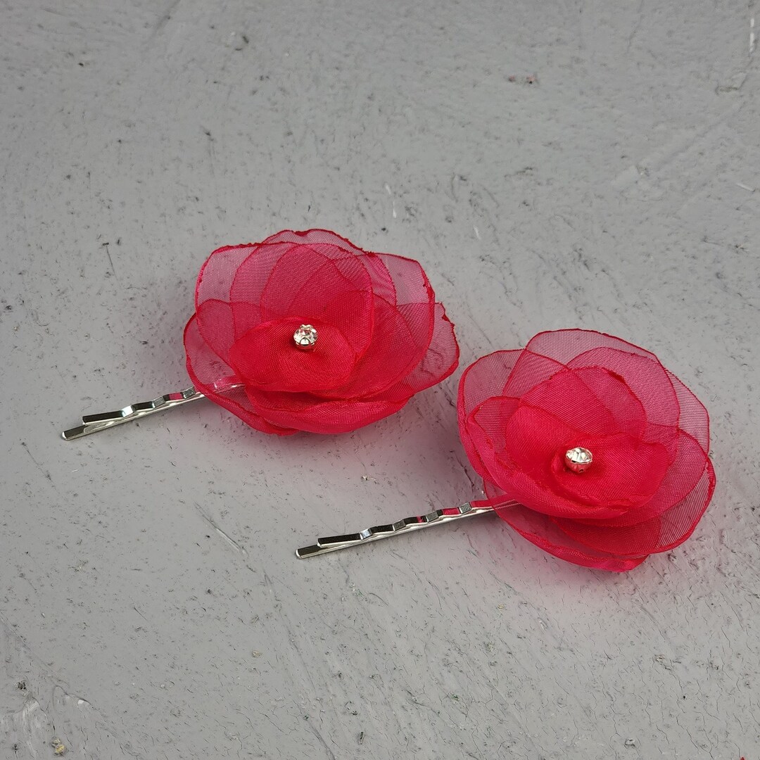 Red Flower Bobby Pins With Fabric Flowers, Red Floral Hair Accessories ...