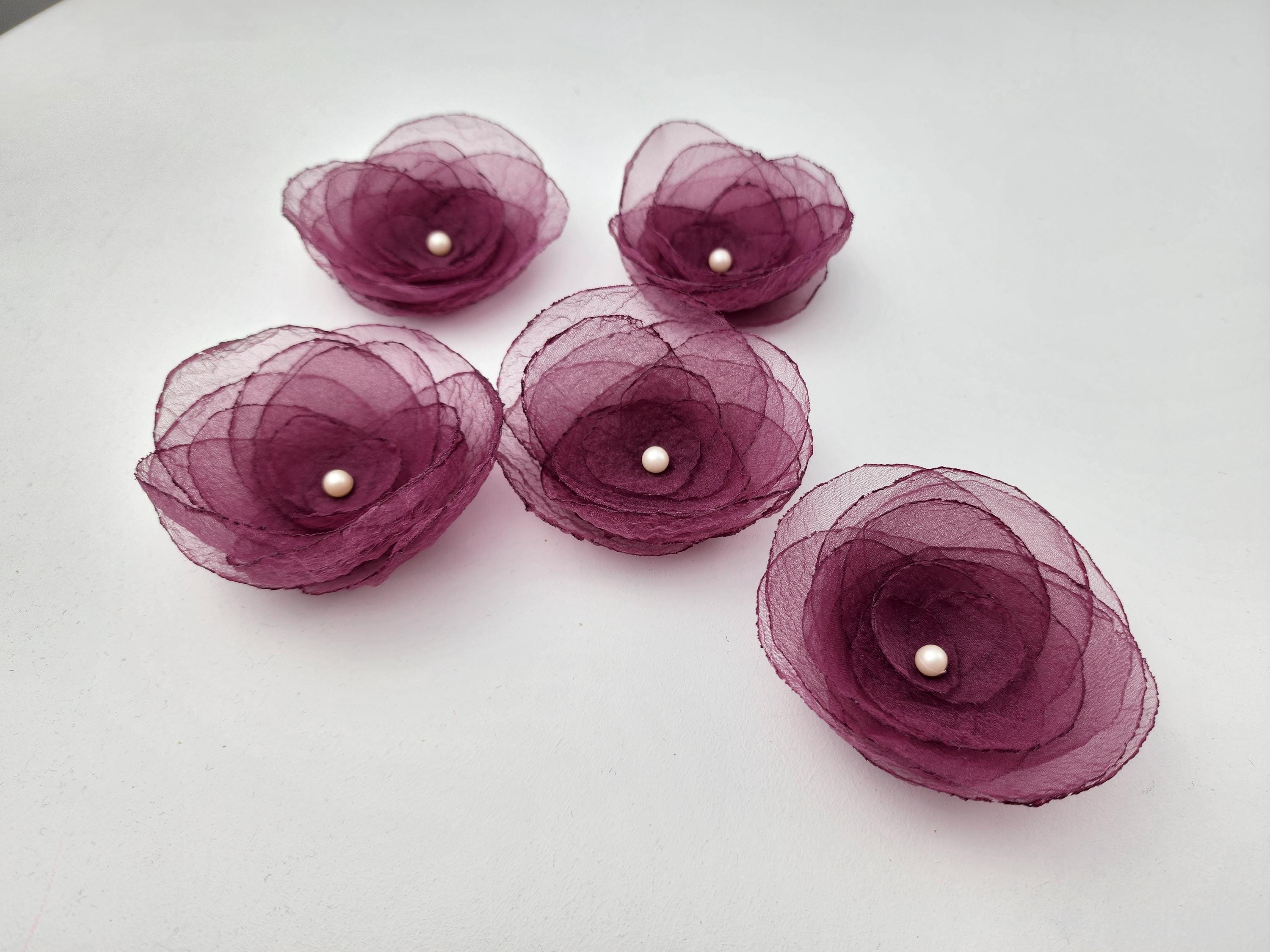Maroon Organza Rose Flowers, Sew on Flower Appliques, Maroon Flowers ...