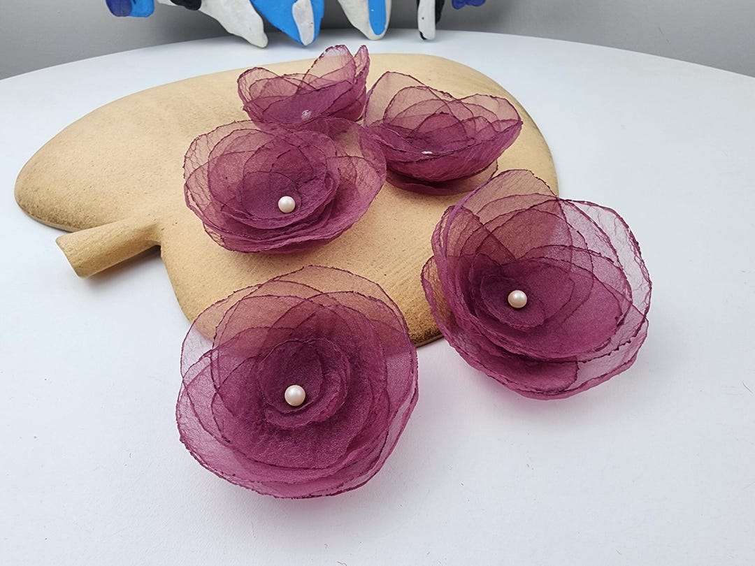 Maroon Organza Rose Flowers, Sew on Flower Appliques, Maroon Flowers ...