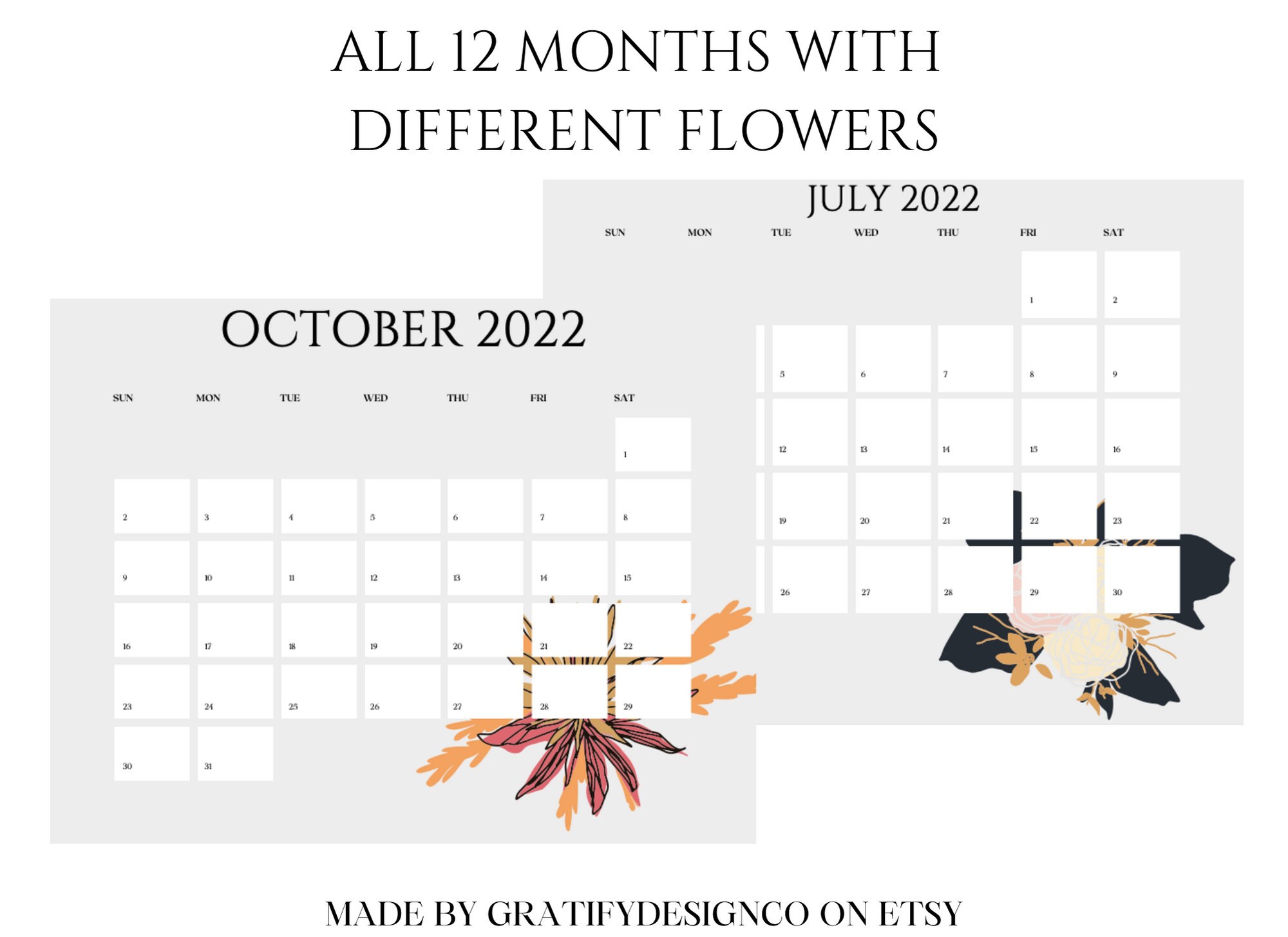 2022 Flower Printable Calendar - Etsy