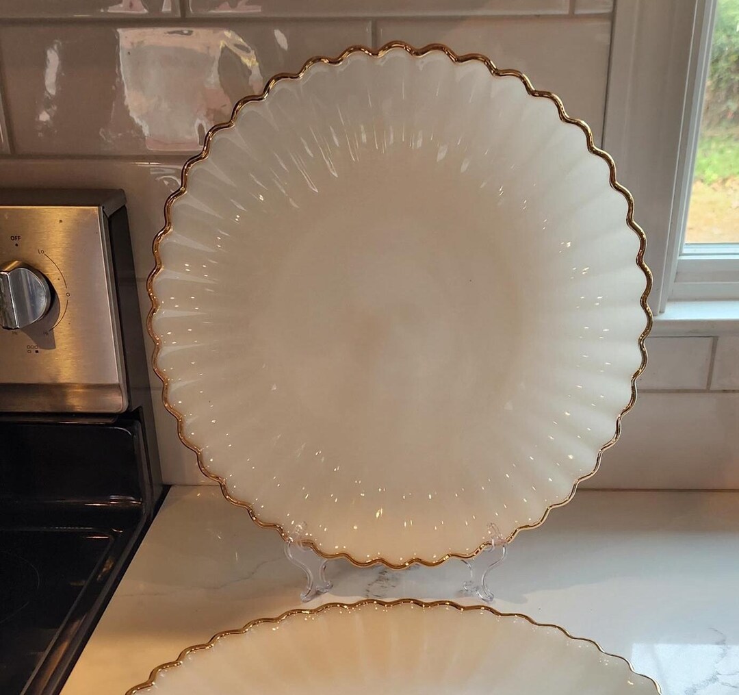 Vintage Anchor Hocking Milk Glass Serving Platter With Gold Trimmed ...