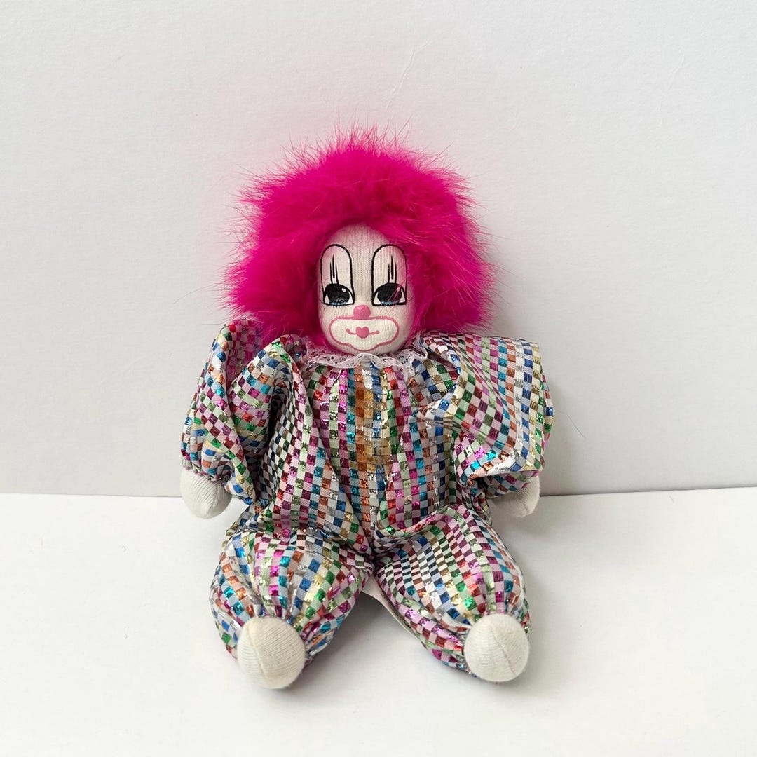 7 Vintage Harlequin Clown Jester Doll Porcelain Face & Sand Bean Bag ...