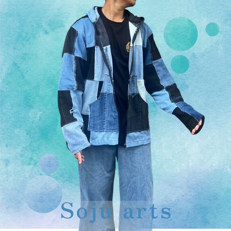 Zip up Denim Handmade Patchwork Hoodie One of One Vintage Streetwear Clothing - Etsy