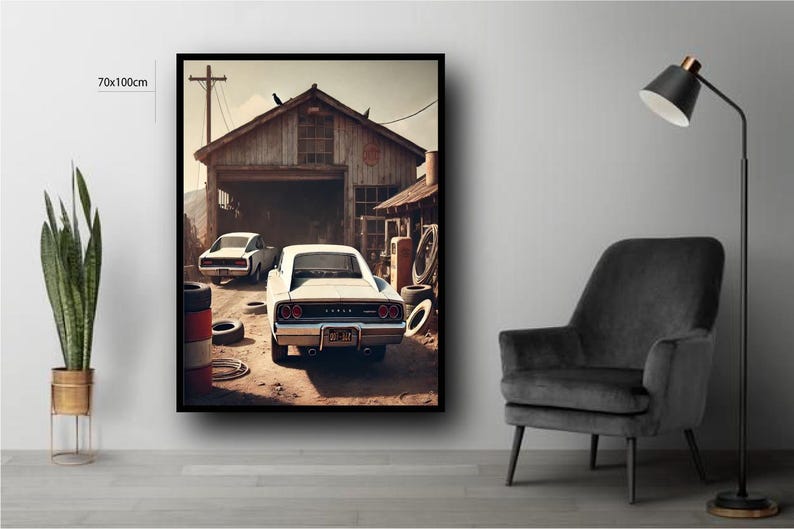Vintage Muscle Car Garage Digital Print | Classic Car Art | Rustic Barn ...