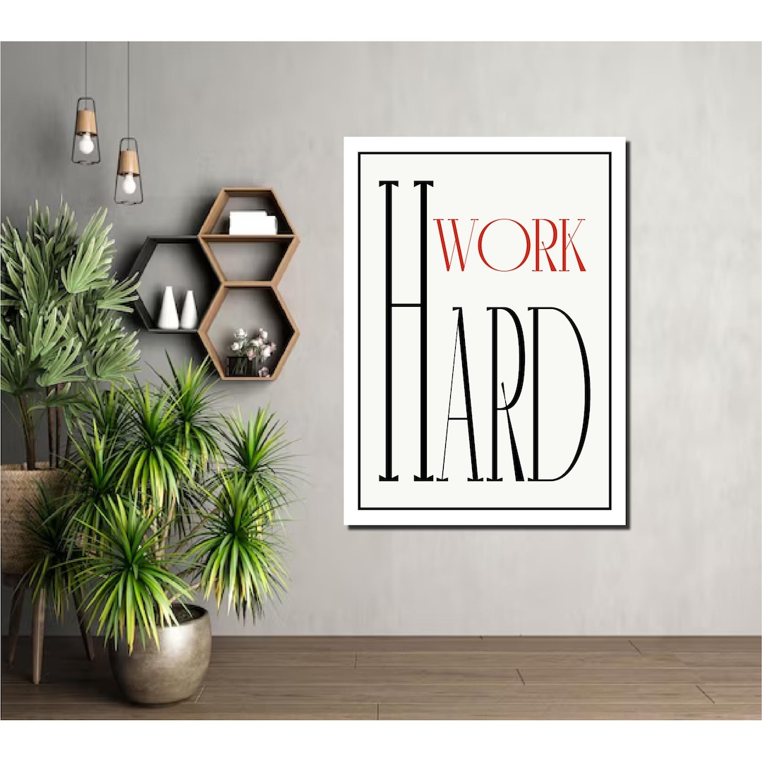 Motivational Quote Poster, Work Hard Print, Wall Art, Red Black ...