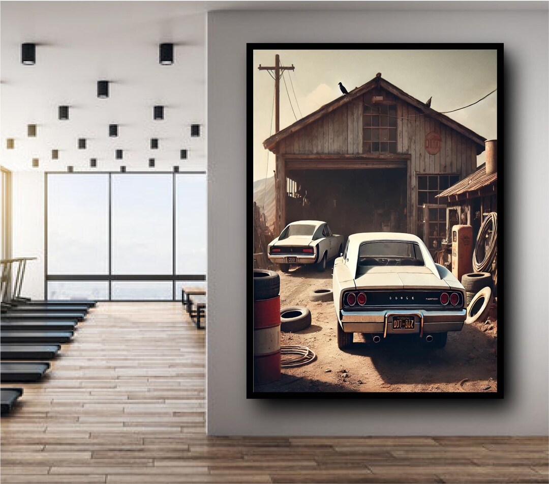 Vintage Muscle Car Garage Digital Print | Classic Car Art | Rustic Barn ...