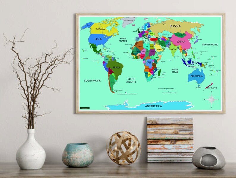 PHYSICAL WORLD MAP, Geographical World Map, Map of Countries, Poster ...
